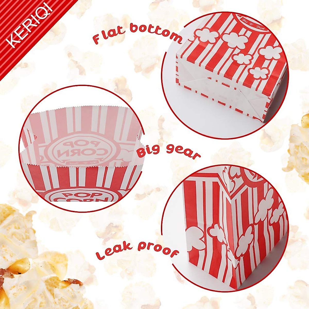 Keriqi Flat Bottom Popcorn Bags, 300 Pcs Paper Popcorn Bags for Family Movie Night Baseball Themed Carnival Christmas Birthday Party