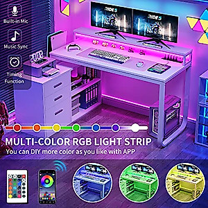 YITAHOME L Shaped Desk with Power Outlets & LED Lights & File Cabinet, 55" Corner Computer Desk with 3 Drawers and 2 Storage Shelves, Home Office Desk with Monitor Stand, White