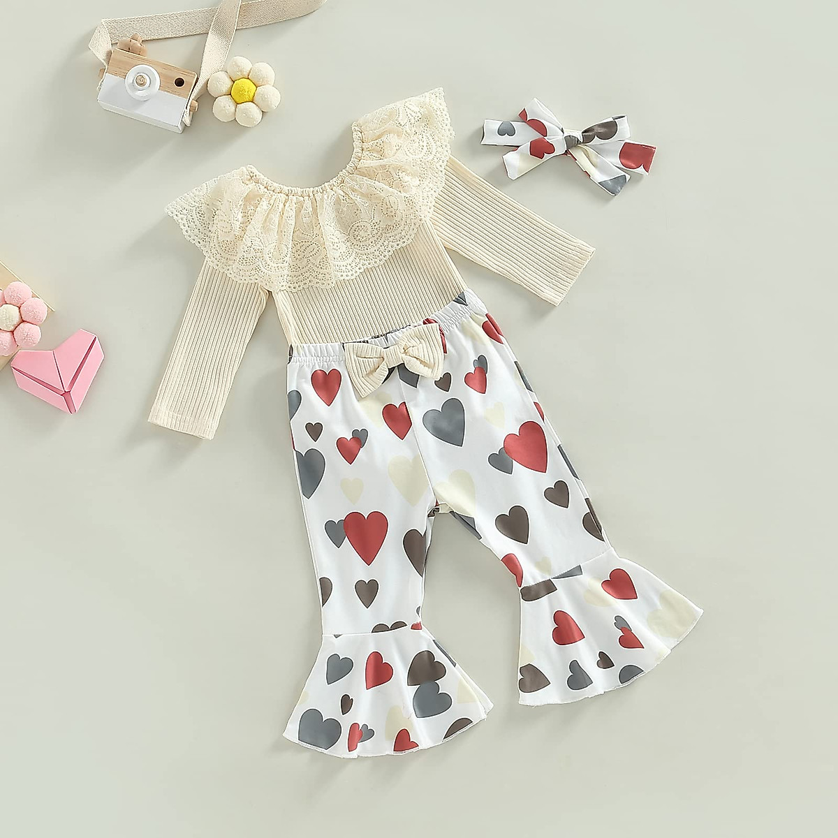 Valentine Day Baby Girl Cute Lace Ruffle Long Sleeve Romper Bodysuit Top and Bowknot Sweetie Heart Flare Long Pants Headband (Beige,0-6 Months)