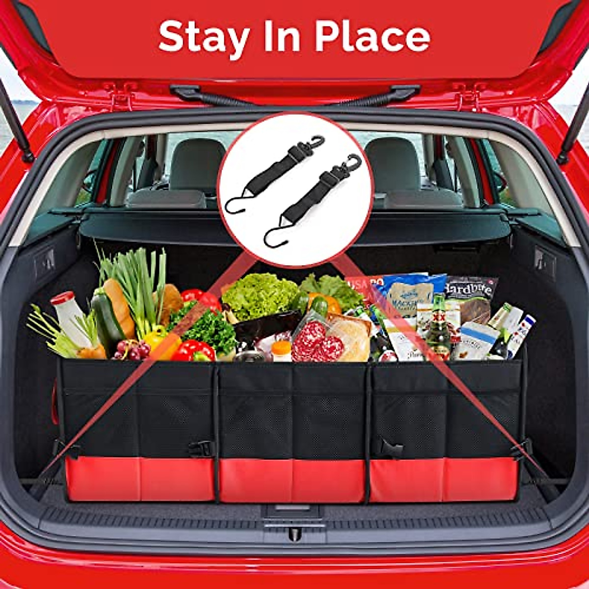 Simniam Car Trunk Organizer Large 95L, Foldable, Non-Slip, Car Storage Organizer Made of Thick Material, Apply to Organizing The Trunk Outdoor Travel Shopping Camping - Red