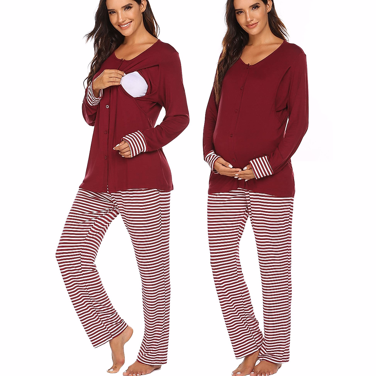 Ekouaer Maternity Nursing Pajama Set Long Sleeves Breastfeeding Sleepwear Soft Hospital Pregnancy pjs Sets L Wine Red
