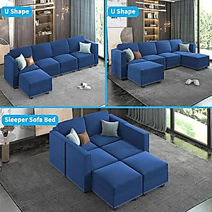 Mjkone Velvet Modular Sectional Sofa with Adjustable Armrest and Backrest for Living Room，U Shaped Couch 6 Seater Convertible Sectional Couch with Indidual Storage Ottoman -Velvet Blue