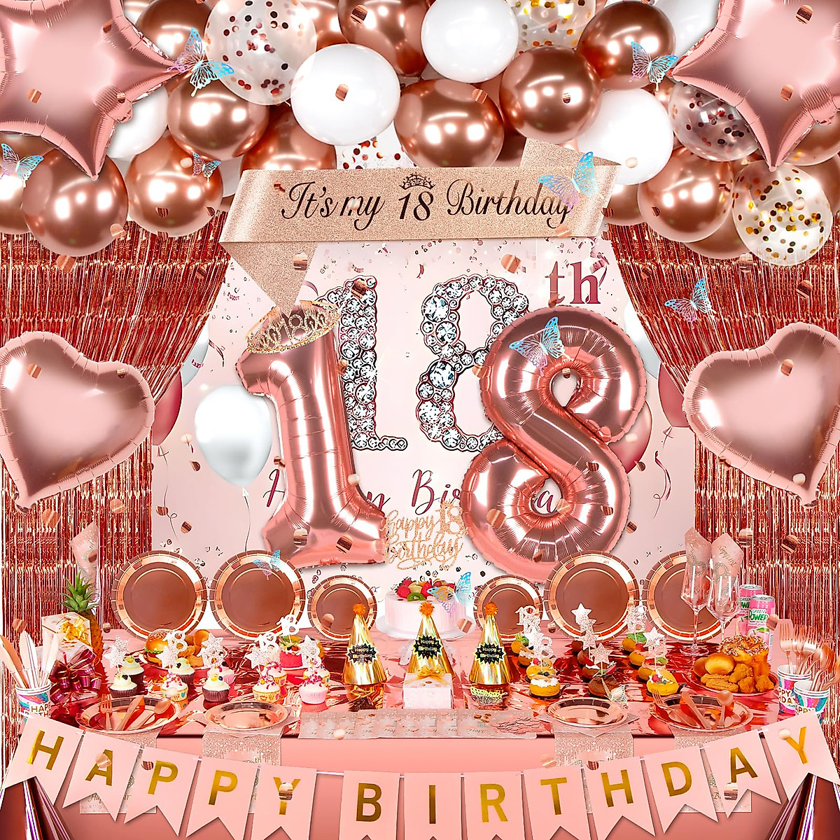 HJINGY 18th Birthday Decorations for Girls, Rose Gold Party Decorations Include Balloons, Backdrop, Curtains, Banner, Sash, Crown, Tablecloth, Plates, Cake Toppers for Women Girls Princess Queen Party
