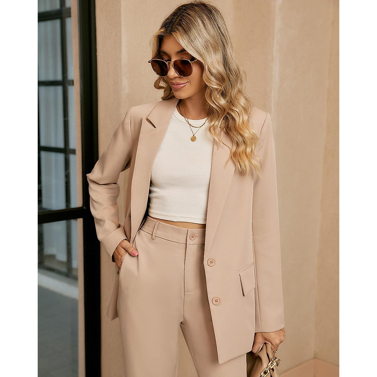 luvamia 2 Piece Outfits for Women Dressy Blazer Jackets High Waisted Straight Leg Pants Suits Set Business Casual Office Fall Outfits for Women Womens Fall Clothes Wide Leg Dress Pants for Women