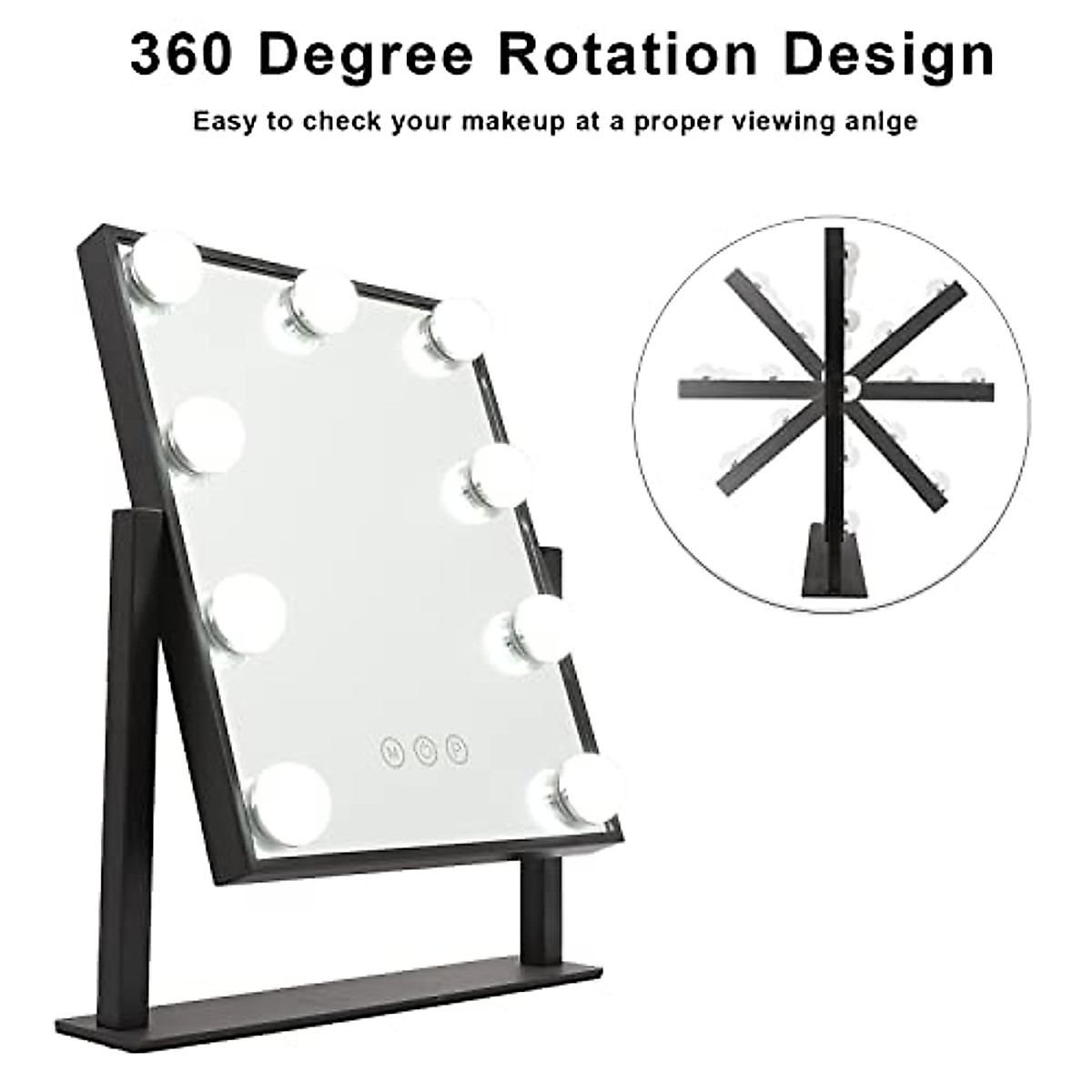 Hansong Lighted Vanity Mirror Makeup Mirror with Lights Hollywood Mirror with 9 LED Bulbs and Detachable 10X Magnification Black Vanity Mirror with Lights 360 Degree Rotation