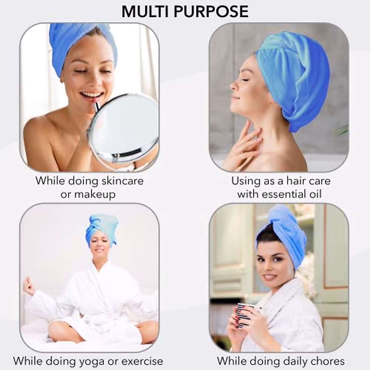 Microfiber Hair Towel Wrap (Pack of 2)–Super Absorbent, Anti Frizz Fast Drying Hair Turban for Curly Long Thick Hair –Women’s Quick Dry Bath & Head Cap with Button –10”x26”- Hair Plopping Towel Gray