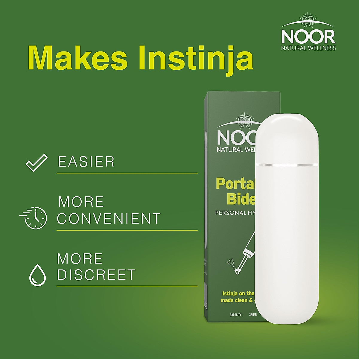 Portable Bidet Sprayer - 13oz Leakproof & Durable Handheld Travel Bidet by Noor - Eco-Friendly & Discreet Peri Bottle for Personal Hygiene On-The-Go - Reusable Handheld Bidet for Out-of-Home Use