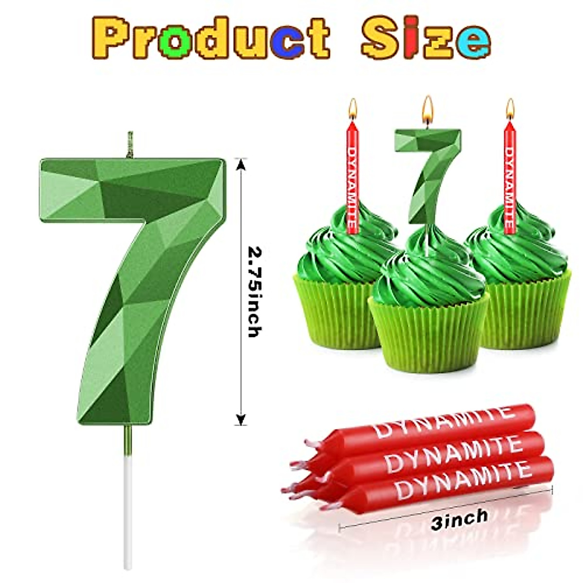 13 Pcs Birthday Cake Candle TNT Themed Birthday Candles 3D Design Green Number Candles for Birthday Cakes Dynamite Birthday Candles for Wedding Baby Shower Video Game Party Kids Adults (Number 7)