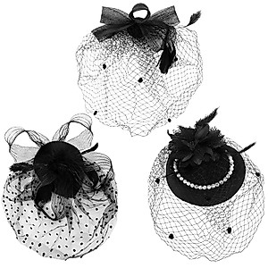 Geyoga 3 Pcs Fascinators Hats for Women Tea Party Hats Flapper Headpiece Halloween Mesh Veil Pearl Headdress for Wedding (Classic Style)