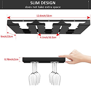 Wine Glass Rack, 2 Pack Under Cabinet Stemware Wine Glasses Holder, Metal Wine Glass Holder Shelf with 4 Mug Hooks Wine Glasses Storage Hanger for Kitchen Bar Restaurant, Black 3 Rows