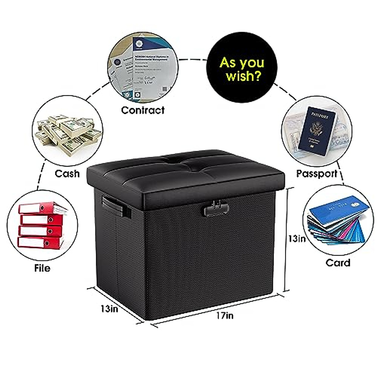 BALAPERI Storage Ottoman with Lid, Fireproof Folding Ottomans with Lock for Important Documents, Waterproof Padded Seat for Bedroom Foot Rest Stool for Living Room, 17 Inches Short Ottoman