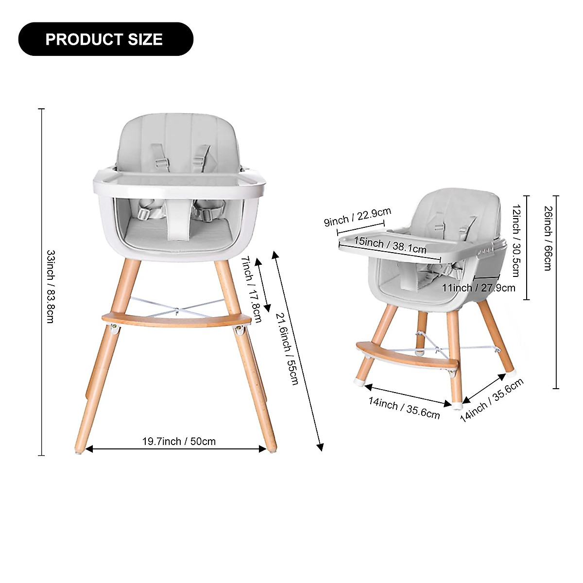 High Chair with Adjustable Legs, Baby High Chairs with Tray for Babies and Toddlers, Removable and Washable BPA-Free Plastic Dinner Plate, Durable Wooden High Chair - Best for 6-36 Months