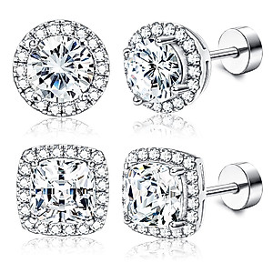 ZELORES 925 Sterling Silver Halo CZ Flat Back Round Square Large Screwback Princess Cut Cubic Zirconia Stud Earrings Set for Women Men (Style1)