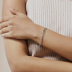 LeCalla Solid 925 Sterling Silver Italian 5 MM Diamond-Cut Figaro Chain Bracelet for Men 8 Inches