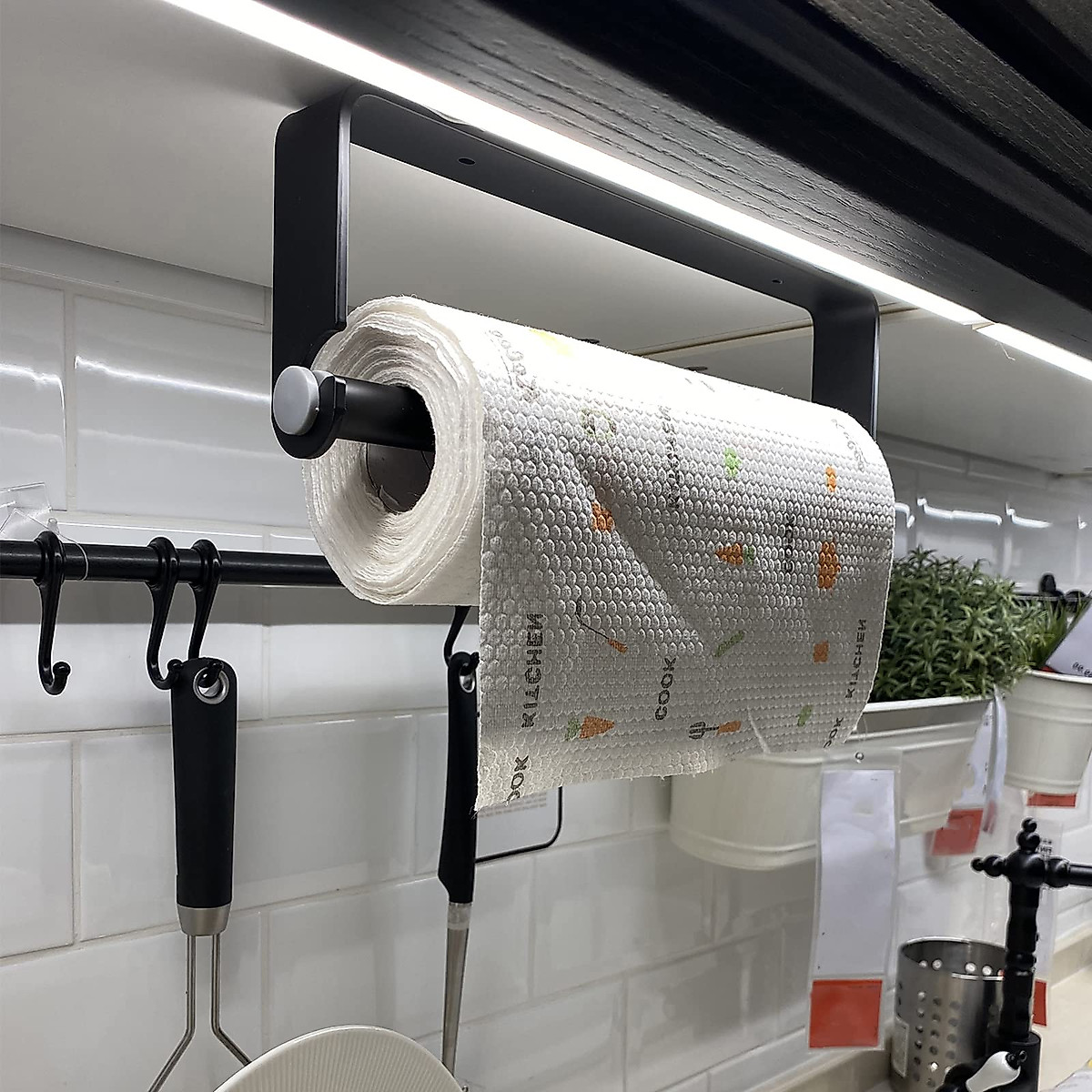 URALFA Under Cabinet Paper Towel Holder Wall Mount, Paper Towel Roll Holder Both Available in Adhesive and Screws, Paper Towel Rack for Kitchen, Bathroom, Pantry, Sink (Black)