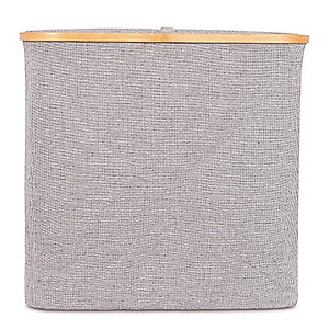 BIRDROCK HOME Bamboo & Canvas Hamper - Single Laundry Basket with Lid - Modern Foldable Hamper - Cut Out Handles - Grey Narrow Design - Great for Kids Adults