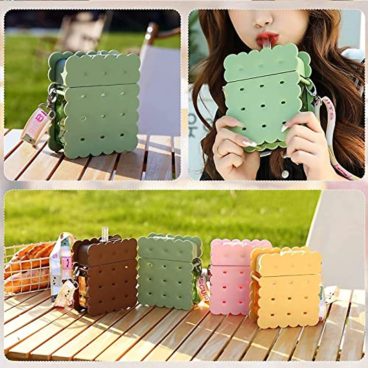 380ML Biscuits Shape Water Bottle,Kawaii Square Water Bottle with Straw,Crossbody Drinking Bottle,Adjustable Shoulder Strap Leak Proof Cups,Convenient Creative Cute Kids Travel Accessories (AA, Pink)