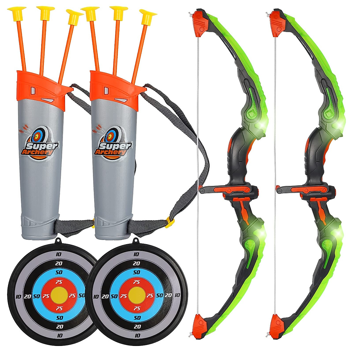 MorTime 2 Pack Bow and Arrow Set with LED Flash Lights, Practice Outdoor Toys for Kids ，Green Light Up Archery Toy Set -includes 6 Suction Cup Arrows