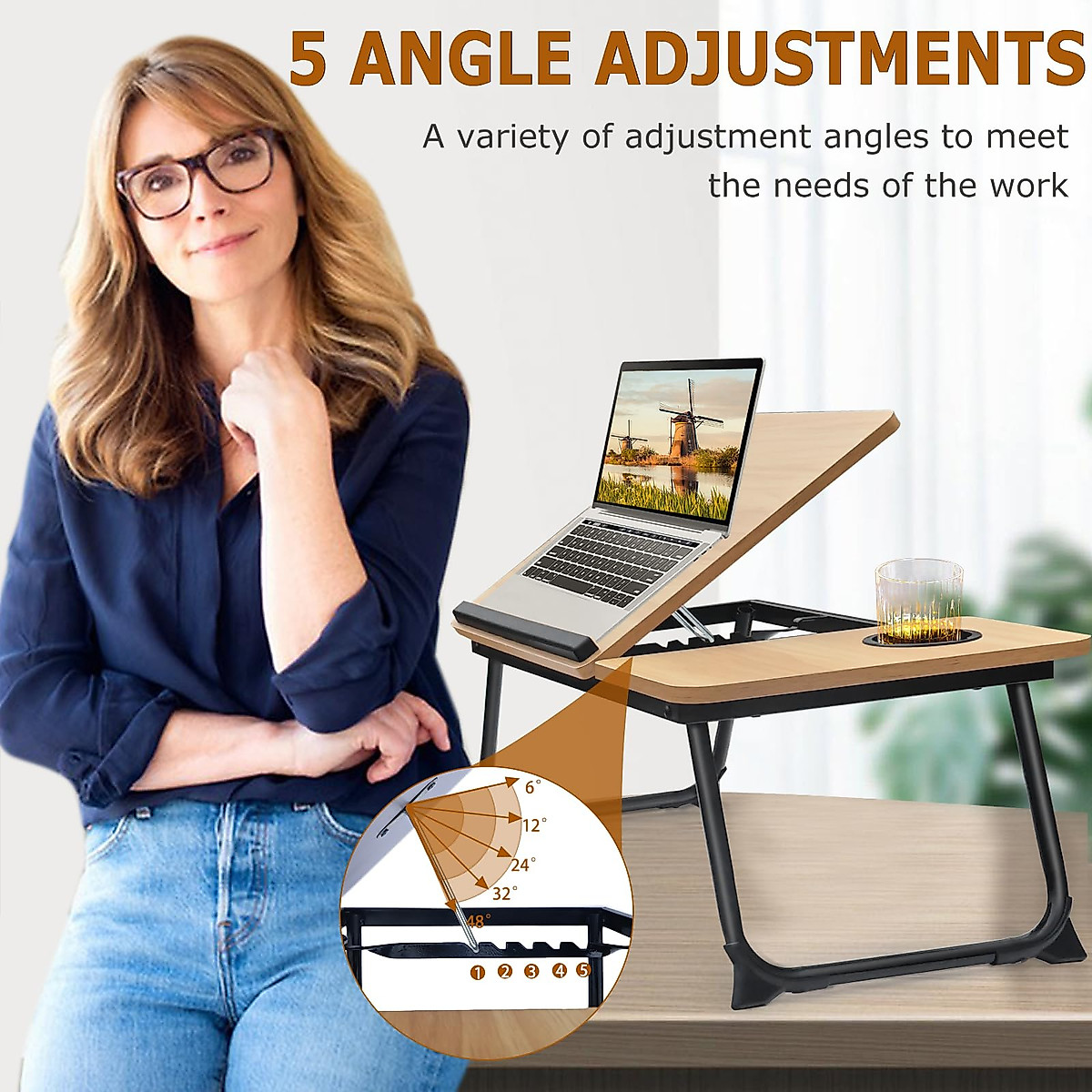 Adjustable Laptop Desk for Bed,Bed Table for Laptop,Laptop Stand for Bed,Lap Desk for Laptop,Foldable Bed Desk for Laptop and Writing,Portable Bed Tray Table with Cup Holder,Laptop Bed Tray Table