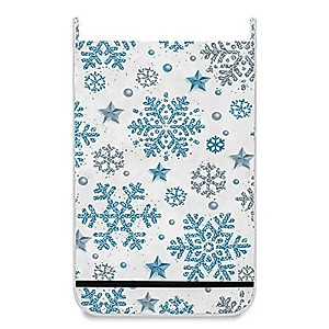 Snowflakes And Stars Door Hanging Laundry Hamper Bag Winter Christmas Space Saving Wall Large Laundry Basket Storage Dirty Clothes Bags with Bottom Zippers Hooks For Bathroom Bedroom 1 Pcs