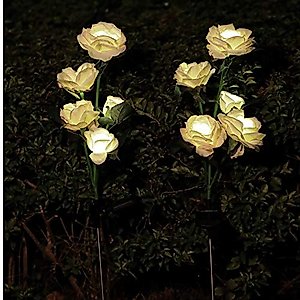 HDNICEZM Solar Garden Lights Outdoor Decorative - 2 Pack Upgraded Realistic 5 Rose Flowers Lights LED Solar Stake Lights Waterproof for Garden Backyard Patio Pathway Courtyard Decoration (White)