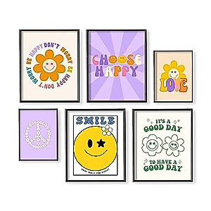 Cool Vintage Happy Smile Faces Picture - Don‘t Worry Choose Happy Good Vibe Aesthetic - Retro Cute Poster - Postive Quotes Wall Art Print - Hippie Indie Kidcore Room Decor - 60s 70s Groovy Love Art