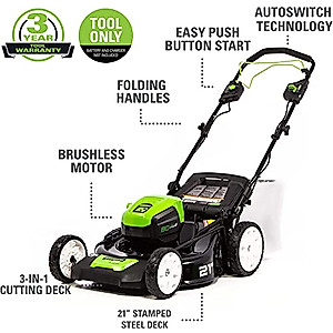 Greenworks Pro 21-Inch 80V Self-Propelled Cordless Lawn Mower, Tool-Only, MO80L00 & Pro 80V 20-Inch Snow Blower with 2Ah Battery and Charger