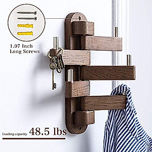 Coat Hooks for Wall, Walnut Wood Wall Hooks with 5 Swivel Foldable Arms, 12'' Length Wall Coat Rack Hat Hooks for Bathroom Entryway Bedroom Office Kitchen, Heavy Duty