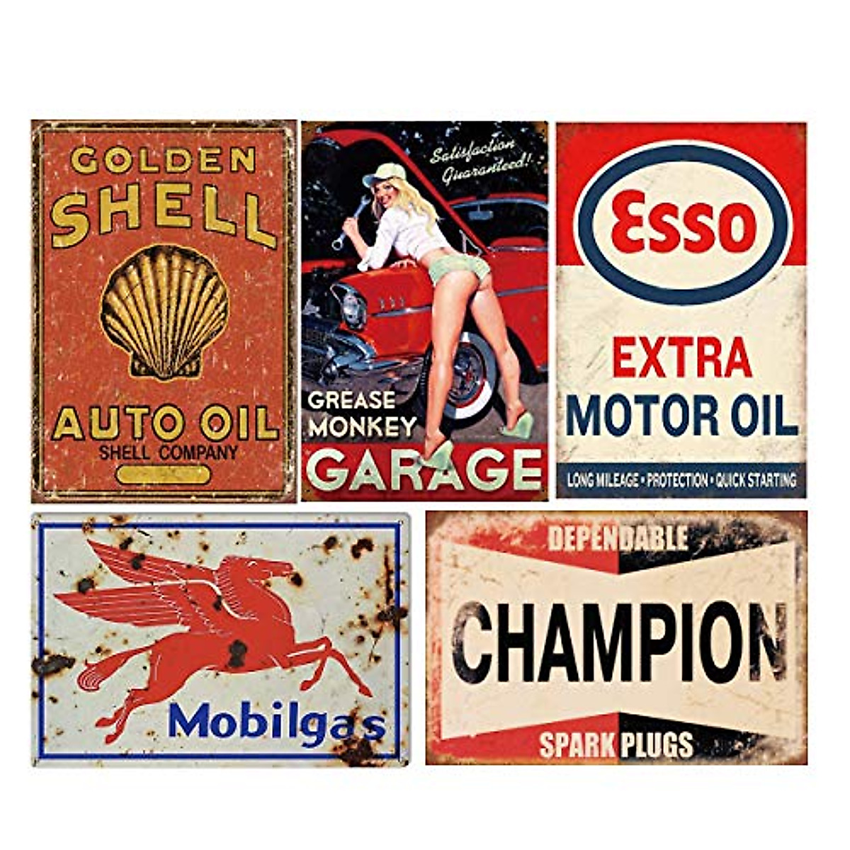 Vintage Tin Signs 5-Piece Set for Garage & Man Cave Decor