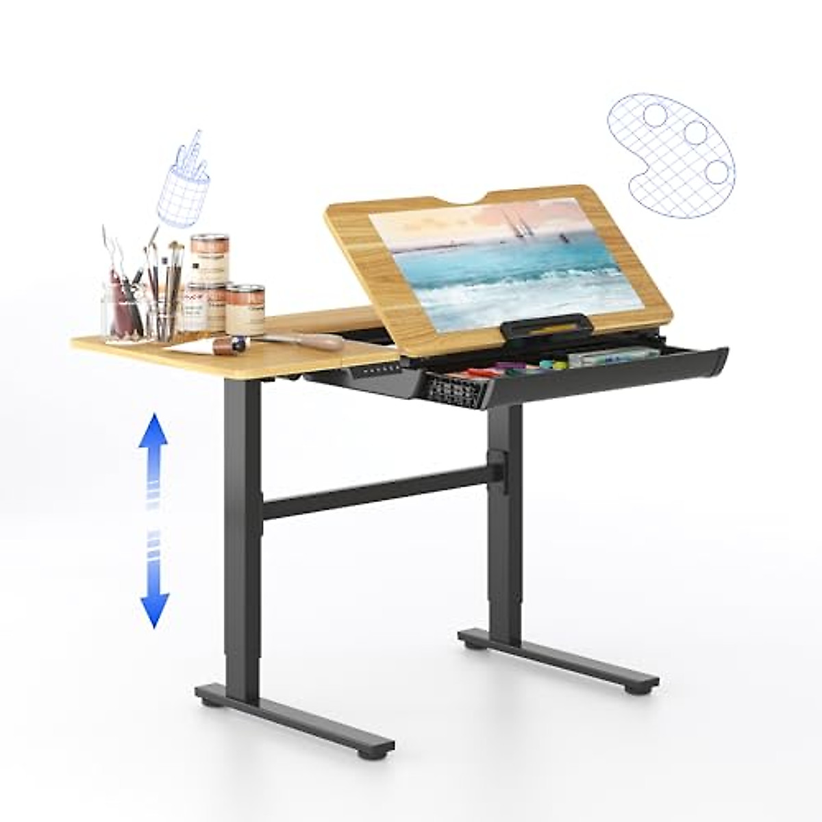 FLEXISPOT Electric Drafting Table Adjustable Height Standing Drawing Desk Extendable Top Craft Workstation w/Tilting Tabletop, Storage Drawer for Study, Office, Studio, Art, Adult & Kid, 47.2"x23.6"