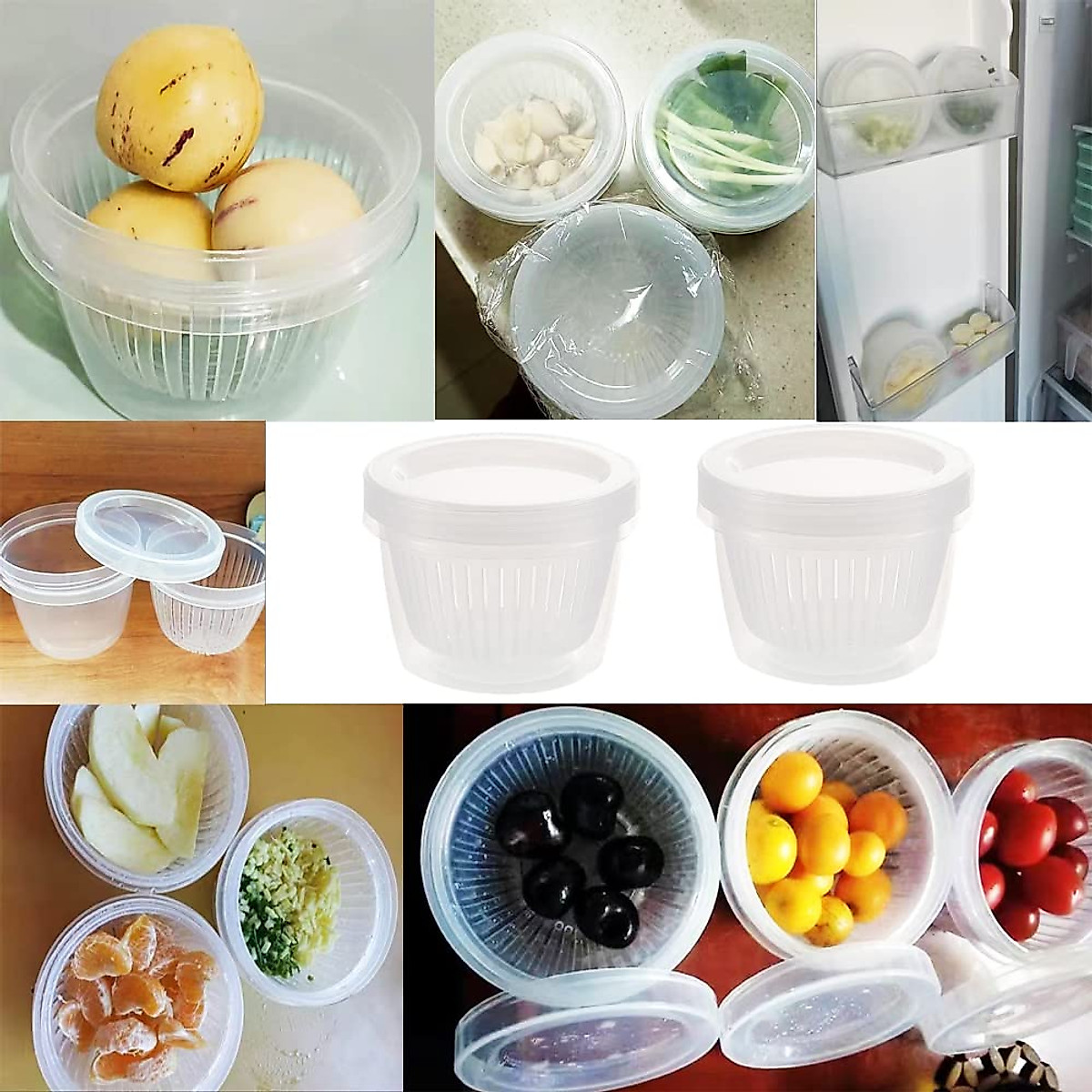 UtySty 4 Pack Onion Keeper Onion Saver Storage Container 2 Layer with Strainer Odor-Free 0.5L Holder Organizer for Refrigerator Chopped Ginger Garlic Fridge Berry Blueberries Tomato Avocado Lemon