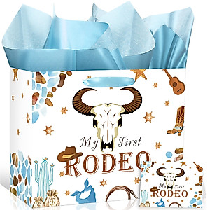 My First Rodeo Birthday Gift Bag Western Cowboy 1st Birthday Gift Bag with Tissue Paper Greeting Card My First Rodeo Birthday Decor Boy Wild West 1st Wrapping Paper Bags for Baby Boy Bday Party Supply