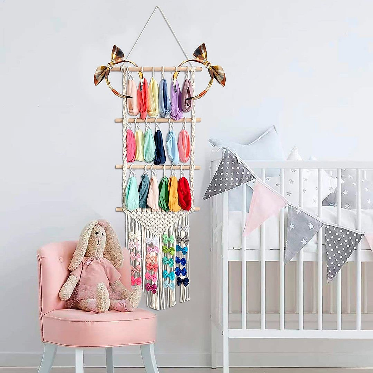 Nerien Headband Holder, Hair Bow Organizer for Girls Baby Toddler, Macrame Wood Hair Accessories Wall Closet Hanging Storage Display, for Hair Ribbons Ties Clips, with 30 Pcs Hooks for Shower Room