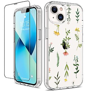 GiiKa for iPhone 13 Case with Screen Protector, Clear Full Body Protective Floral Girls Women Shockproof Hard Case with TPU Bumper Cover Phone Case for iPhone 13, Grass Flowers