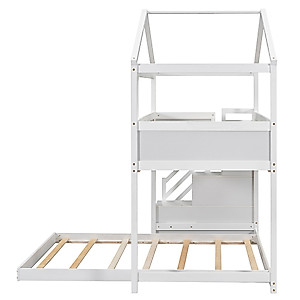 Harper & Bright Designs Twin Over Full House Bunk Bed with Stairs and Blackboard, Wood Floor Bunk Bed Frame with Storage Staircase, for Kids Teens (White)