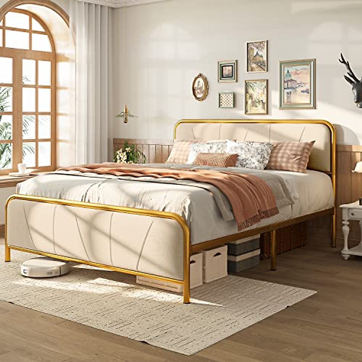 Gizoon Queen Size Bed Frame, Platform Bed Frame with Upholstered Headboard, Golden Heavy Duty Metal Mattress Foundation & Steel Slats, Sturdy, Noise Free, No Box Spring Needed (Beige)