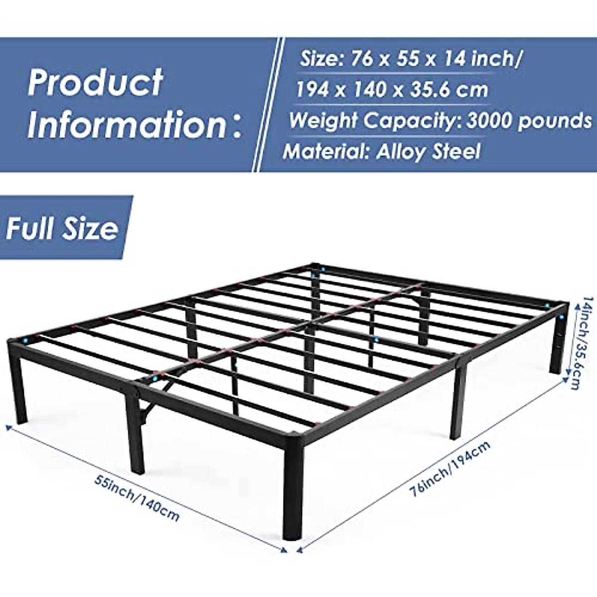 Devo Full Size Bed Frame 14 Inch Heavy Duty Metal Platform Beds No Box Spring Needed with Sturdy Steal Slats Mattress Foundation Support Up to 3000 lbs, Easy Assembly, Noise Free,76x55inch, Black