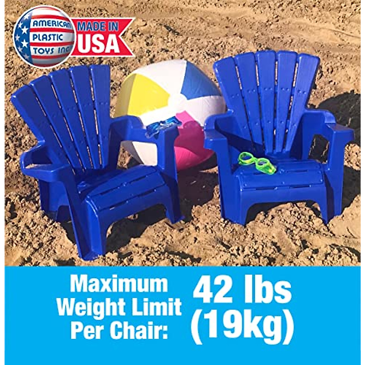 American Plastic Toys Kidsâ€™ Adirondack (Pack of 2), Outdoor, Indoor, Beach, Backyard, Lawn, Stackable Lightweight, Portable, Wide Armrests, Comfortable Lounge Chairs for Children, Blue (2pk)