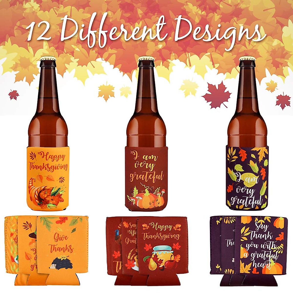 3 otters 12 Pcs Thanksgiving Day Can Cooler Friends Gathering Neoprene Beer Can Cooler Cover Fall Turkey Party Cans Decor Sleeves for Soda Beer Soft Drinks Canister Friendsgiving Parties holiday