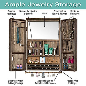 Large Rustic Wall Mounted Jewelry Organizer with Wooden Barndoor Decor. Jewelry holder for Necklaces, Earings, Bracelets, Ring Holder, and Accessories. Includes built-in mirror (Brown).