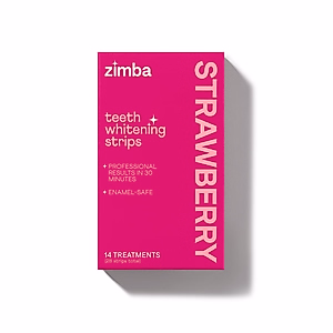 Zimba Strawberry Flavored Teeth Whitening Strips | Vegan, Enamel Safe Hydrogen Peroxide Teeth Whitener for Coffee, Wine, Tobacco, and Other Stains | 14 Day Treatment | Strawberry