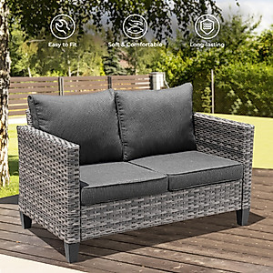 ovios Patio Loveseat, 2-Seater Outdoor Wicker Sofa Couch with Comfy Cushions, All Weather High Back Deep Patio Seating Rattan Love Seat for Porch Deck Balcony, Black