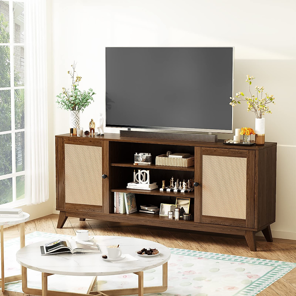 AWQM Rattan TV Stand for 65 Inch TV, TV Console Table with 2 Rattan Doors, Modern Entertainment Center with Storage Cabinet and Open Shelves, for Living Room, Bedroom, Walnut