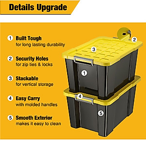BROVIEW V12 16Gal Heavy Duty Storage Bins with Latching Lids, Stackable Plastic Tough Tote Containers with Handles for Tools Camping Hunting Sporting Goods Organizing (Black Base/Yellow Lid, 4Pack)
