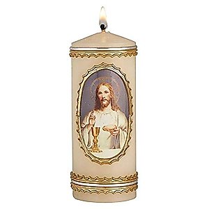 Bread of Life First Holy Communion Hand Decorated Candle, Catholic Keepsake Gifts for Girls and Boys, Gold Tone Accent Detailed Wax Candles Church Supplies 4.75 Inches