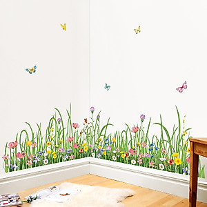 wondever Green Grass Floral Wall Corner Stickers Wildflower Butterflies Baseboard Skirting Line Wall Decals for Living Room Bedroom Dining Room (W:62 inches)