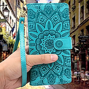 Harryshell Detachable Magnetic Zipper Wallet Leather Case with Cash Coin Pocket 12 Card Slots Holder Wrist Strap Lanyard for Motorola Moto G Pure/Moto G Power 2022 Flower (Blue Green)