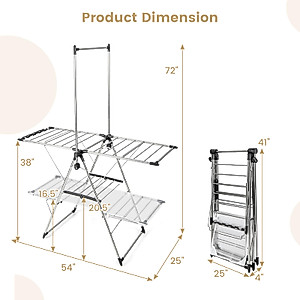 Giantex Clothes Drying Rack, Stainless Steel Foldable Laundry Drying Rack with with 6-Level Adjustable Height, High Hanger Design, Side Clips, Space Saving Collapsible Laundry Drying Rack
