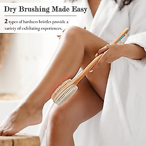 FREATECH Long Handle Body Brush Back Scrubber Exfoliator - 17.3" Wooden Bath Shower Brush, Dual-sided Brush Head with Soft Nylon Bristles and Stiff Natural Bristles for Wet or Dry Brushing