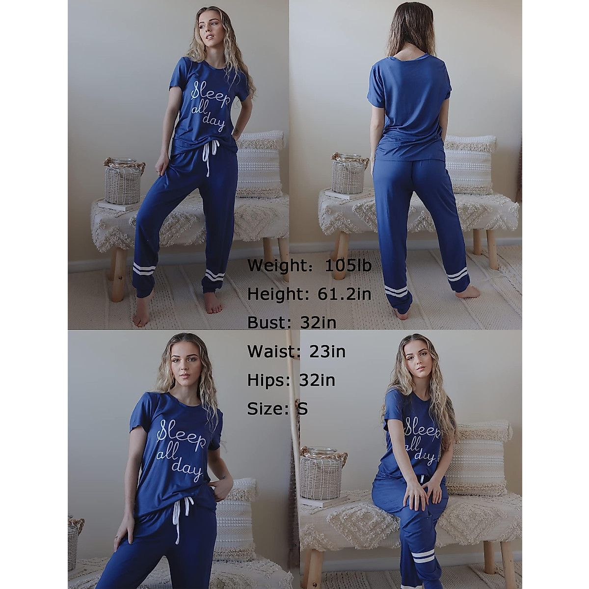 Ekouaer Pj Sets for Women Soft Sleep Wear Outfits Cute Pajama Tshirt and Long Pants Adjustment Drawstring Valentine day Navy